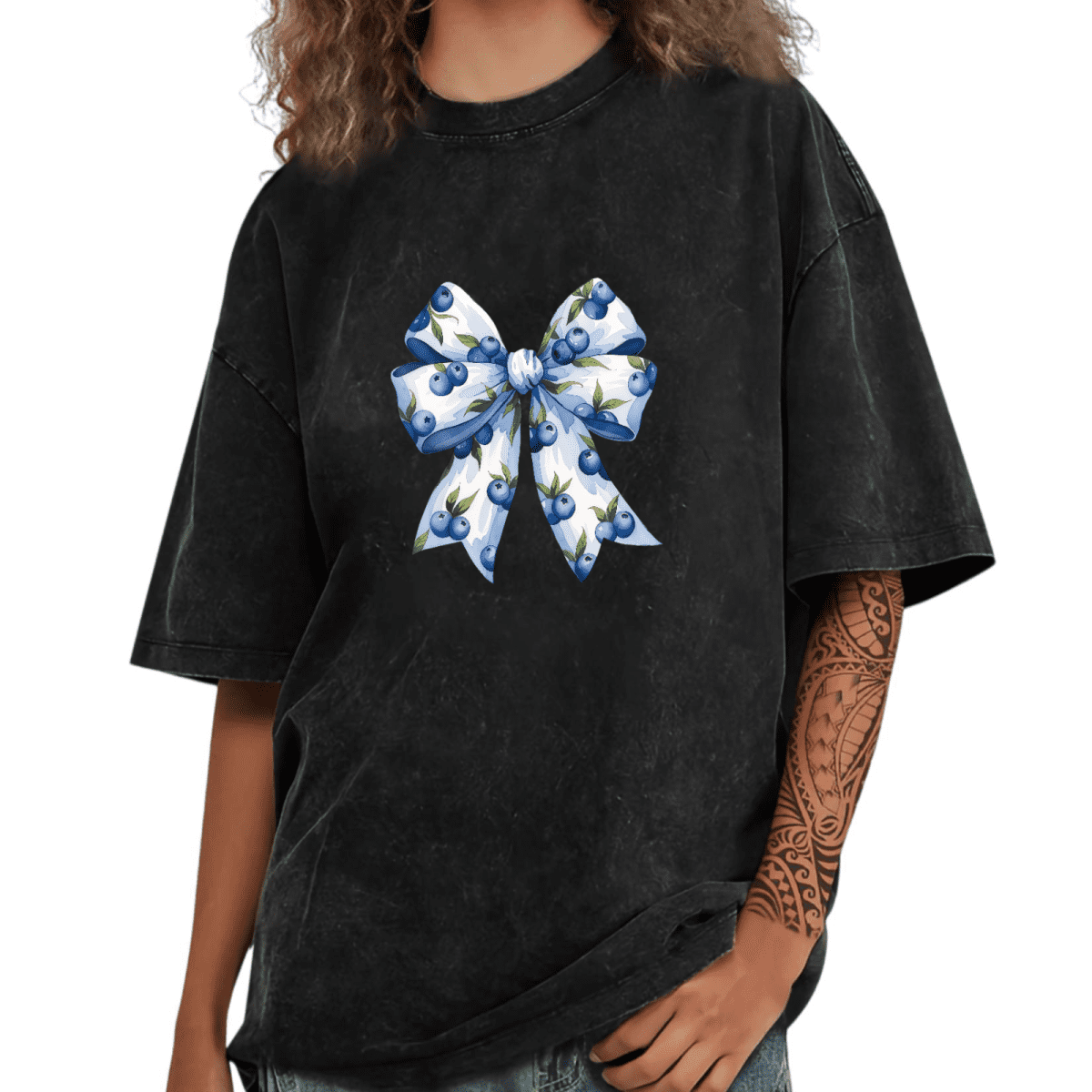 Black Washed Blueberry Pattern Bow Print Tshirt Graphic Tees Summer ...