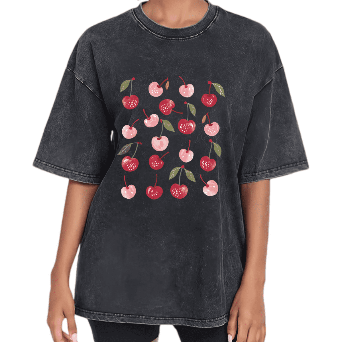 Black Washed Cherry Pattern Print Tshirt Graphic Tees Shirts Vintage ...