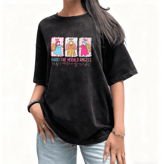 Black Washed Christmas Angel Print Tshirt Graphic Tees Shirts Hark The ...