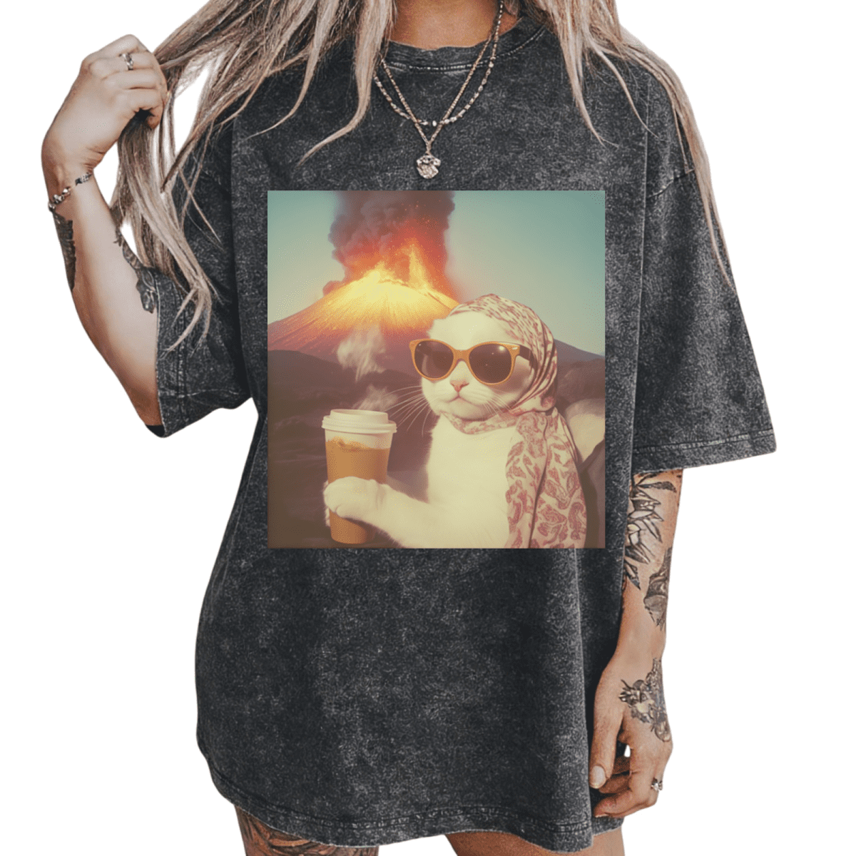 Black Washed Coffee Cat Volcano Print Tshirt Graphic Tees Shirts Funny ...