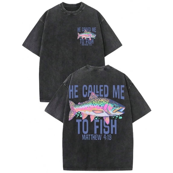Black Washed Cotton Distressed Loose T-Shirt, He Called Me To Fish ...