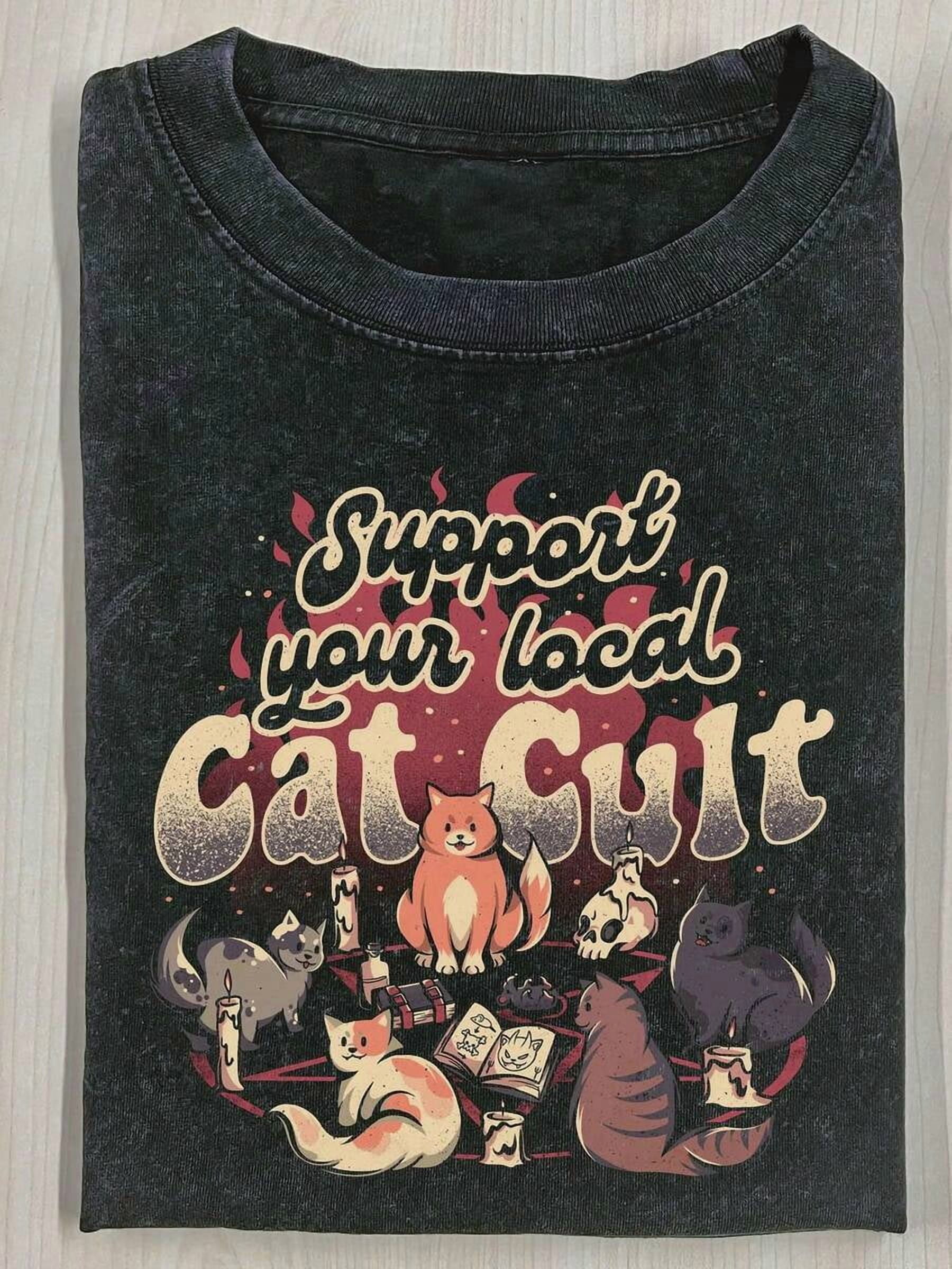 Black Washed Cotton Graphic T-Shirt: Support Your Local Cat Cult Print ...