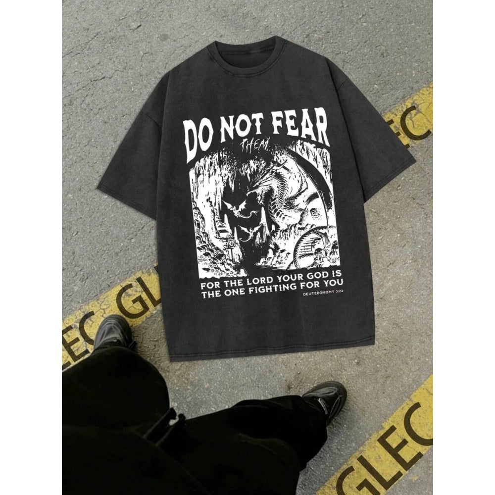 Black Washed Cotton Graphic T-Shirt With Dragon & Bible Verse Do Not ...