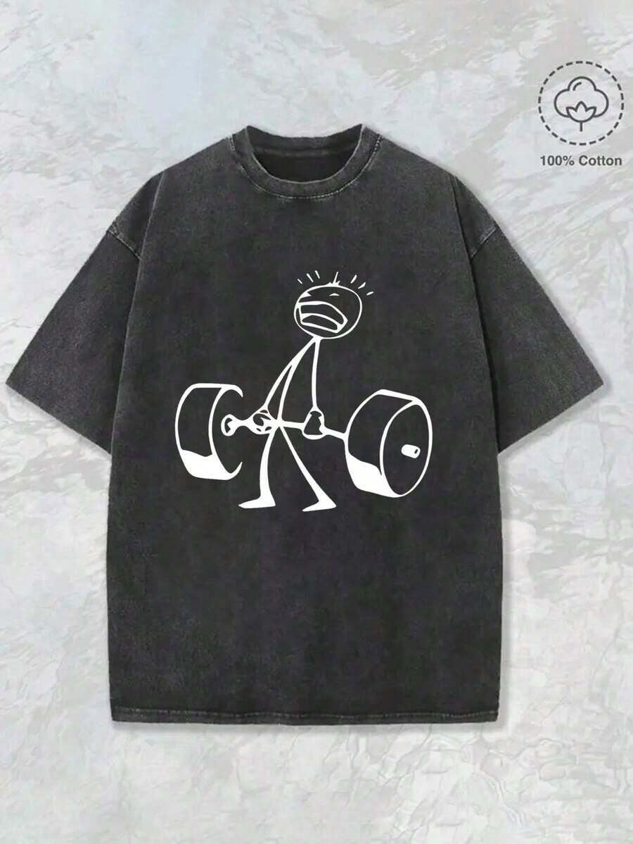 Black Washed Cotton Graphic T-Shirt With Dumbbell Stick Figure Print ...