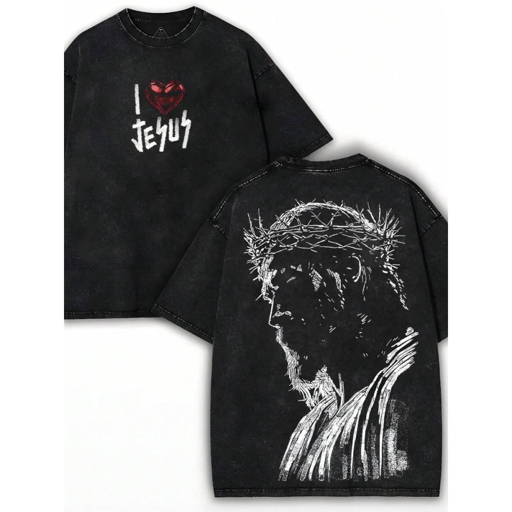 Black Washed Cotton Graphic T-Shirt With I ️ Jesus Front And Crown Of ...