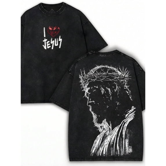 Black Washed Cotton Graphic T-Shirt With I ️ Jesus Front And Crown Of ...