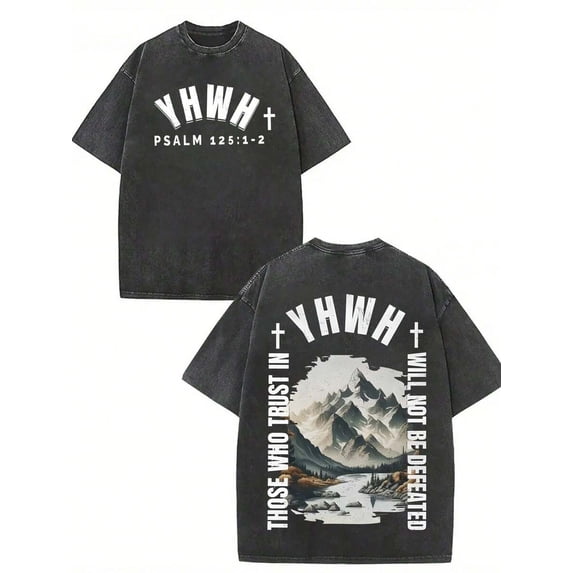 Black Washed Cotton Graphic T-Shirt With Psalm 125:1-2 & Mountain River ...