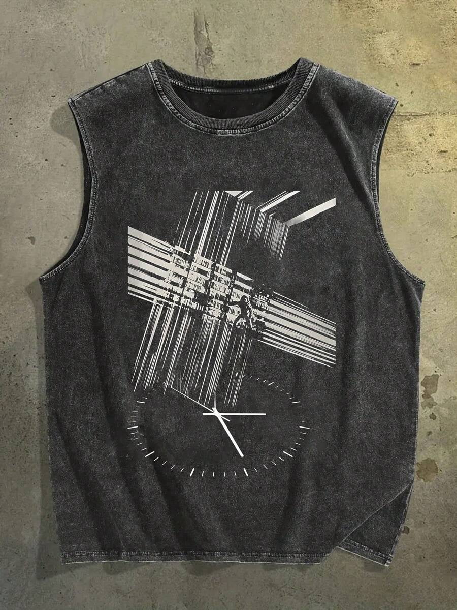 Black Washed Cotton Graphic Tank Top With Time-Space Print, Muscle ...