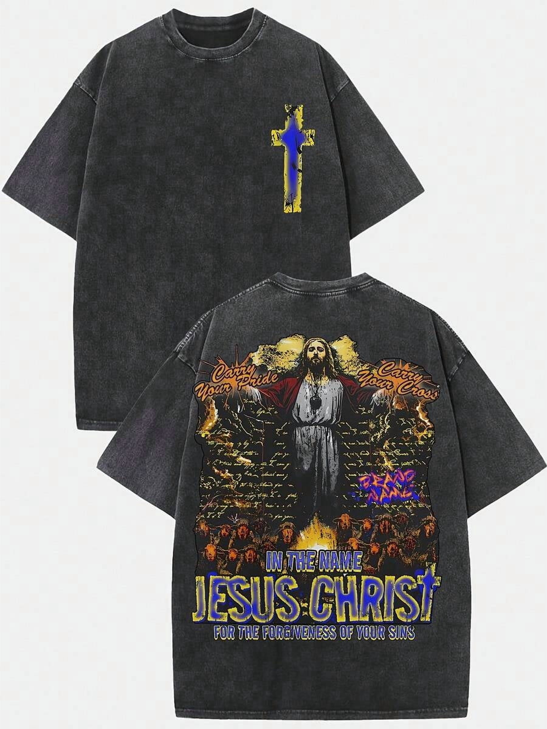 Black Washed Cotton Mens Christian Graphic T-Shirt - Double-Sided Jesus ...