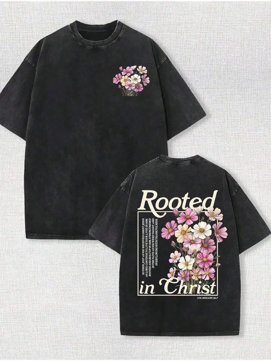 Black Washed Cotton Oversized Graphic T-Shirt With Floral Rooted In ...