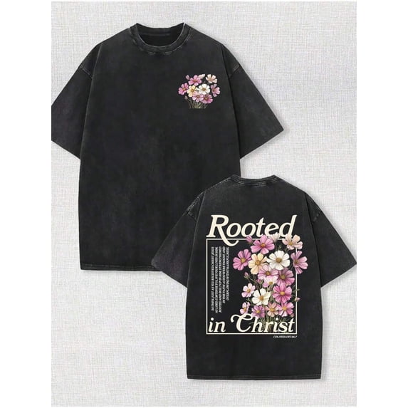 Black Washed Cotton Oversized Graphic T-Shirt With Floral Rooted In ...