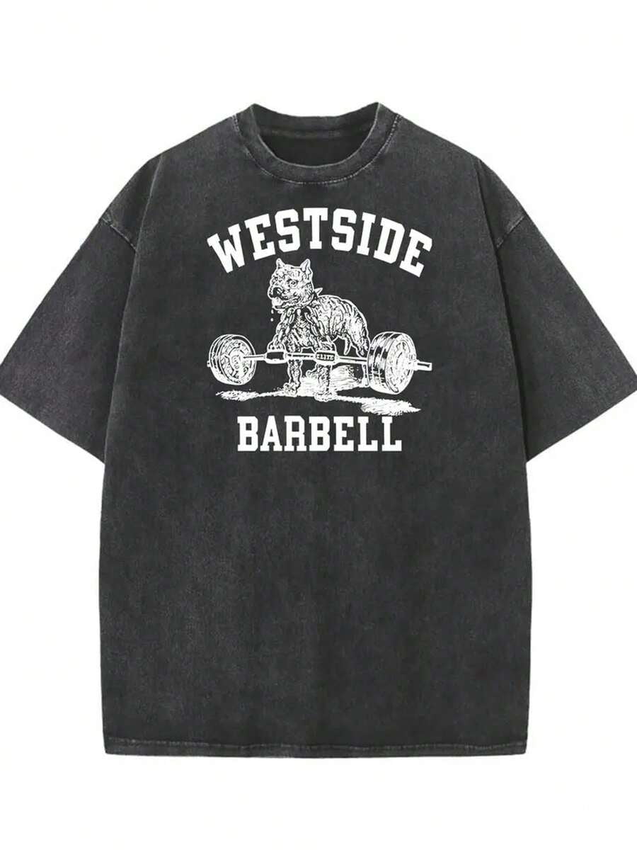Black Washed Cotton Oversized Retro Gym Barbell Print Vintage Strength ...