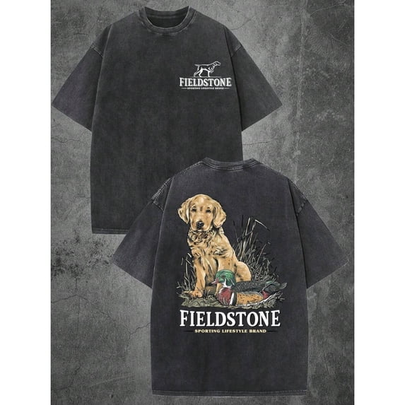 Black Washed Cotton Round-Neck Short-Sleeve Graphic T-Shirt, Sporting ...