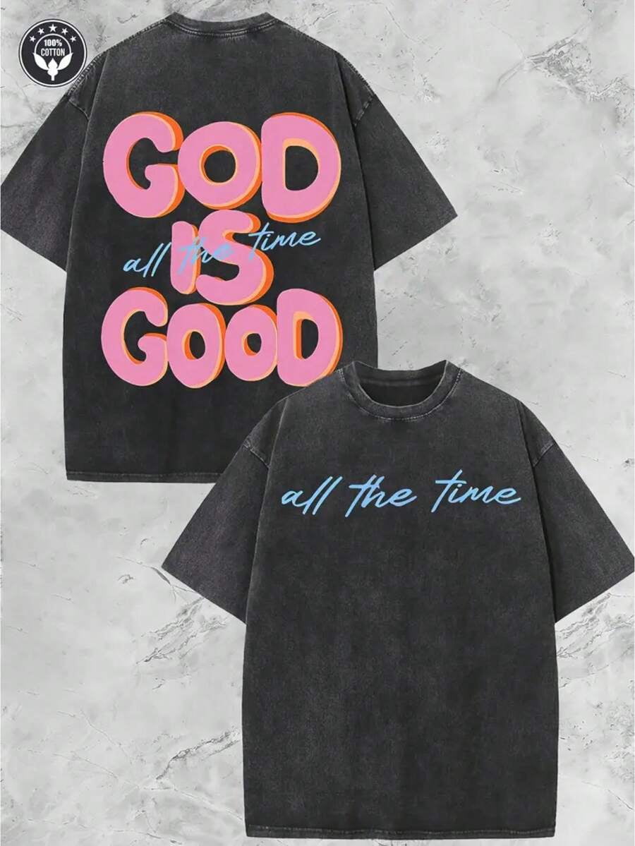 Black Washed Cotton Round-Neck Short-Sleeve Graphic Tee, GOD IS GOOD ...