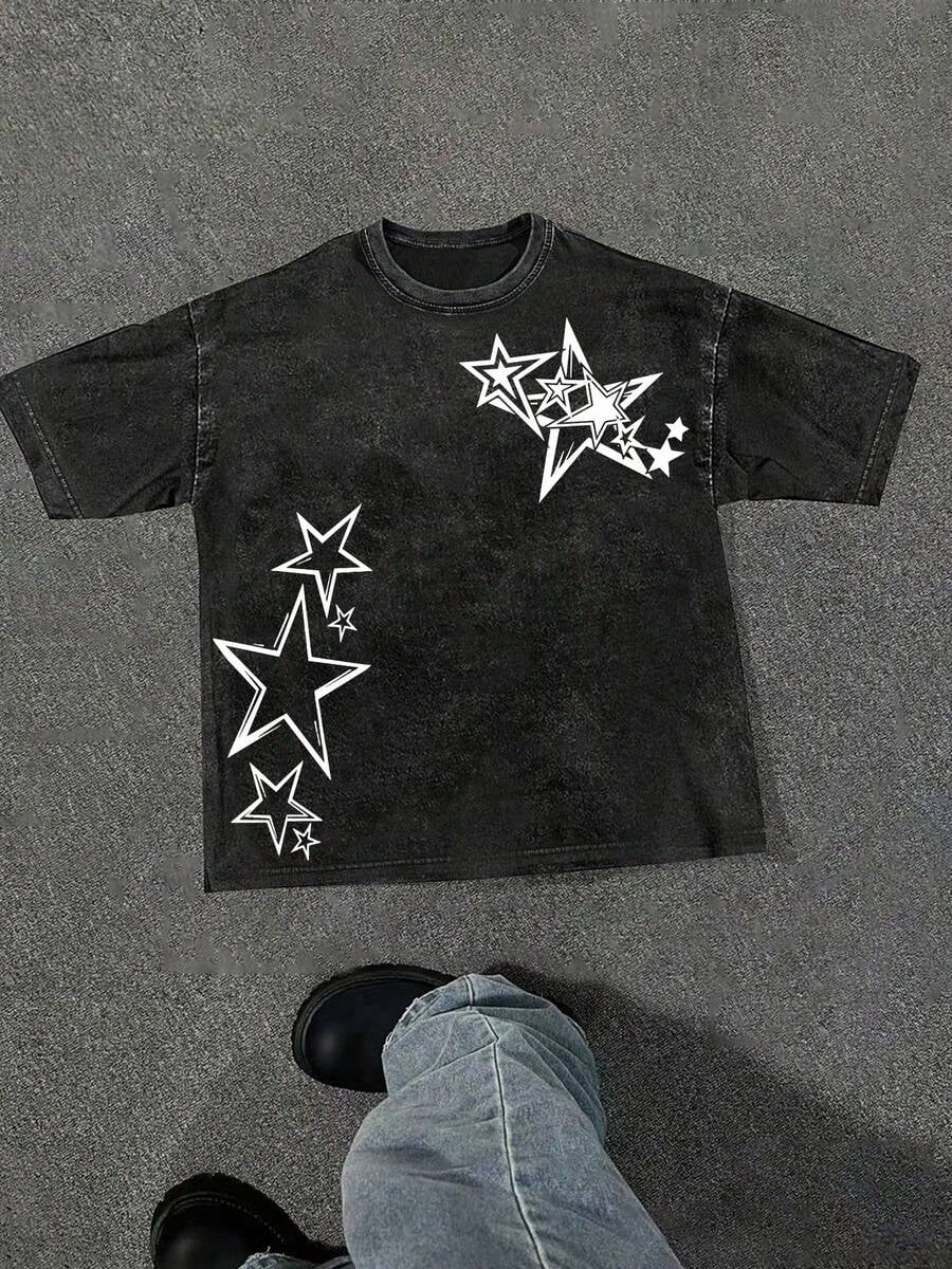 Black Washed Cotton Star Graphic Tee, Oversized Loose Crew Neck Short ...