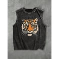 Black Washed Cotton Tank Top With Fierce Tiger Face Print, Crew Neck ...