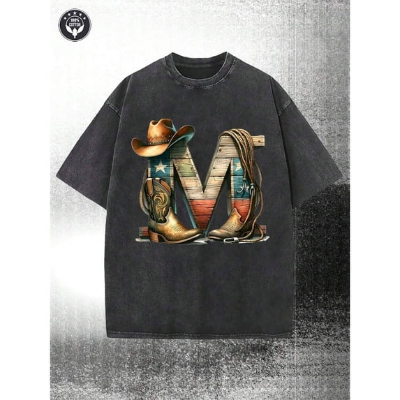 Black Washed Cotton Western Graphic T-Shirt For Men, Oversized Casual ...