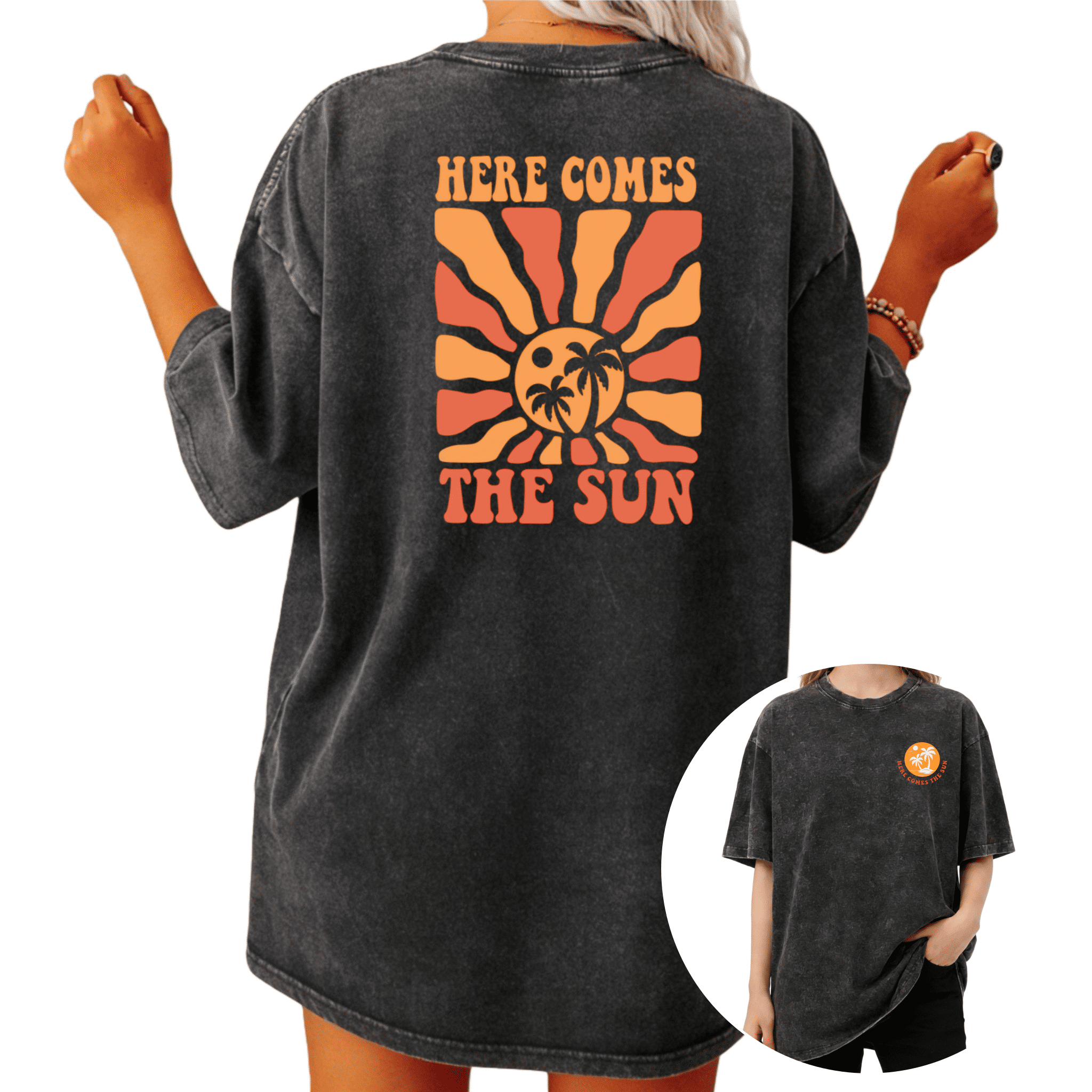 Black Washed Fashion Sunburst Beach Print Tshirt Graphic Tees Shirts S ...