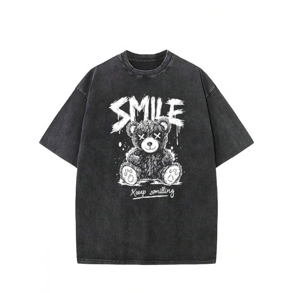 Black Washed Graphic Mens Oversized T-Shirt With SMILE Teddy Bear ...