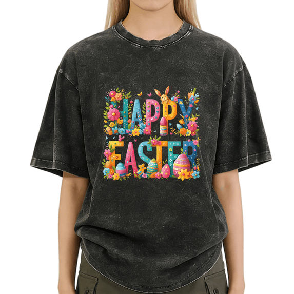 Black Washed Happy Easter Colorful Eggs Tshirt Graphic Tees Shirts ...