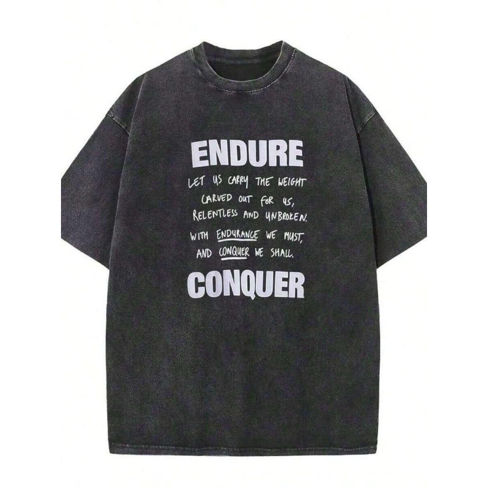Black Washed Heavyweight Cotton Graphic Tee With Endure Conquer Print ...