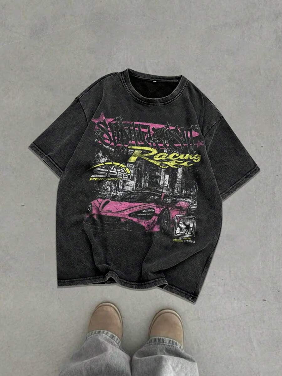 Black Washed Oversized Trendy Tee with “Racing” Pink Sports Car Design ...