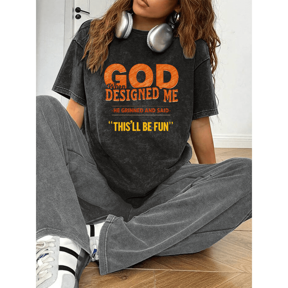 Black Washed Print T-shirt Chic highlighting God Designed Me Graphic ...