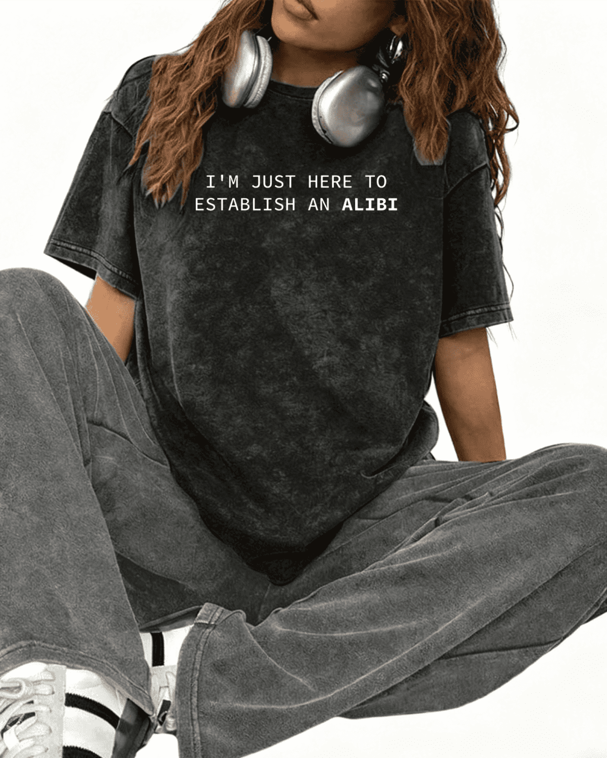 Black Washed Print T shirt Chic highlighting Sarcastic Alibi Graphic ...