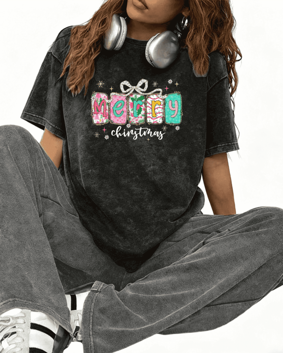 Black Washed Print T-shirt Daily Wear displaying Shirts Tops Christmas ...