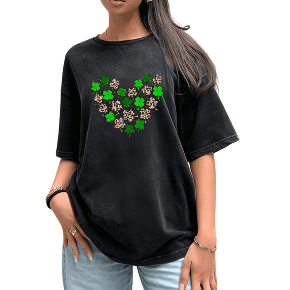 Black Washed Print T shirt Green Leopard Four Leaf Clover Heart Graphic ...