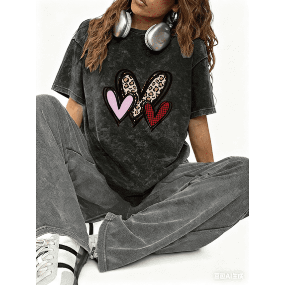 Black Washed Print T-shirt highlighting Mixed Pattern Heart Valentine's ...