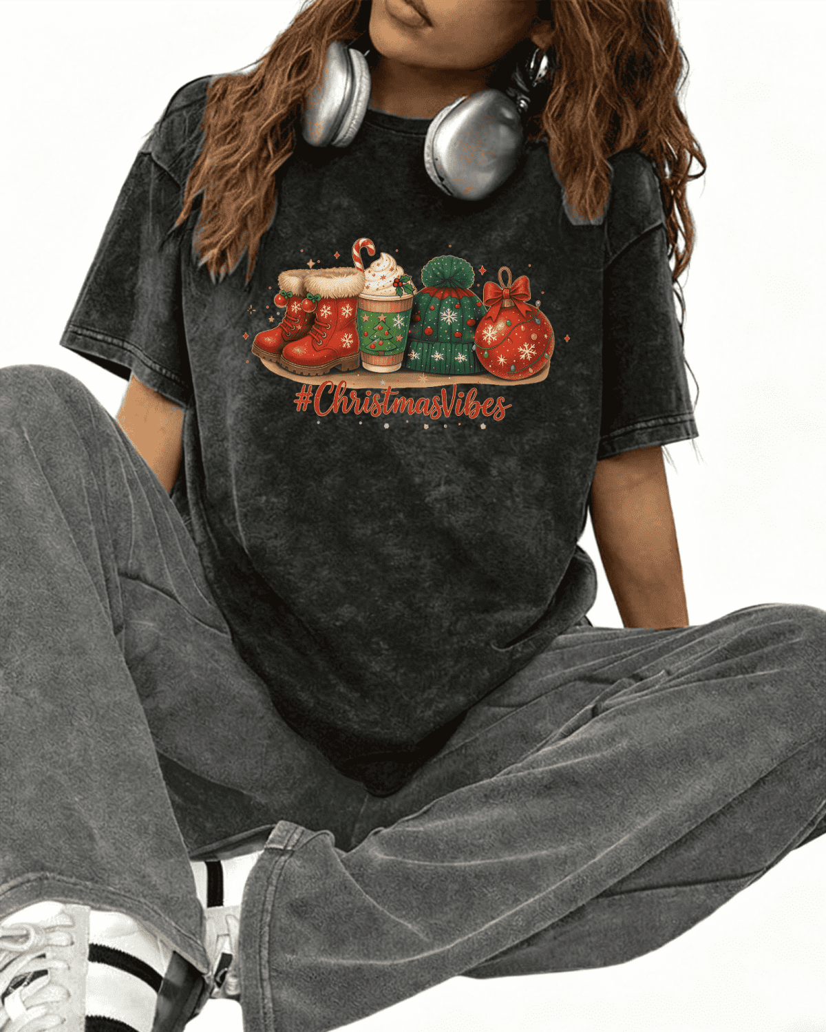 Black Washed Print Tshirt Classic decorated with Shirts Tops Christmas ...