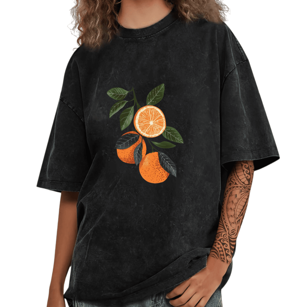 Black Washed Print Tshirt Graphic Tees Cute Orange Branch Design Trendy ...