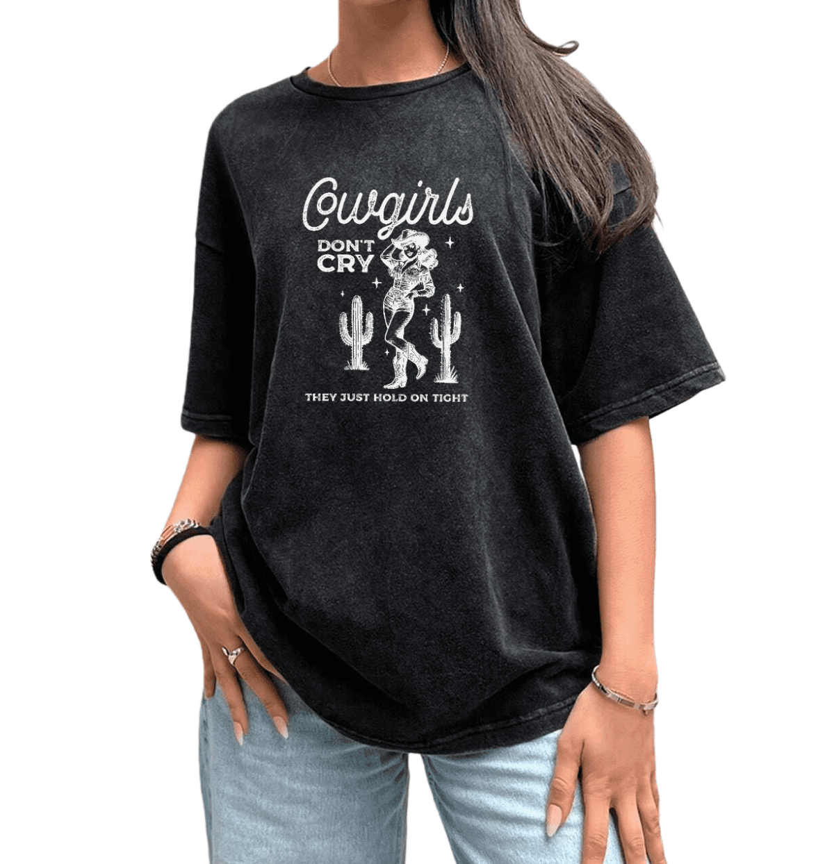 Black Washed Print Tshirt Graphic Tees Loose Shirts S-2XL Cowgirls Don ...