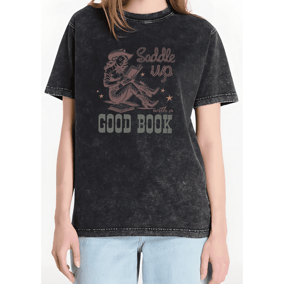 Black Washed Print Tshirt Graphic Tees Loose Shirts S-2XL Saddle Up ...