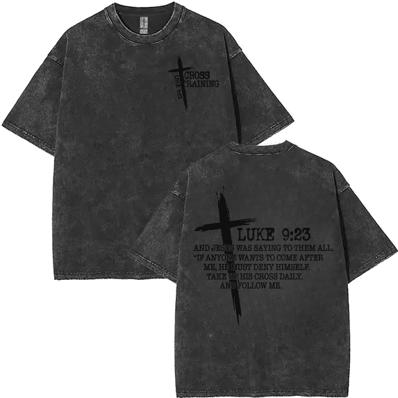 Black Washed Print Tshirt Graphic Tees Luke 9:23 Cross Training S-2XL ...