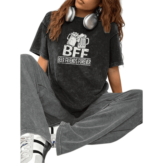 Black Washed Print Tshirt Graphic Tees Shirts BFF Beer Friends Forever ...