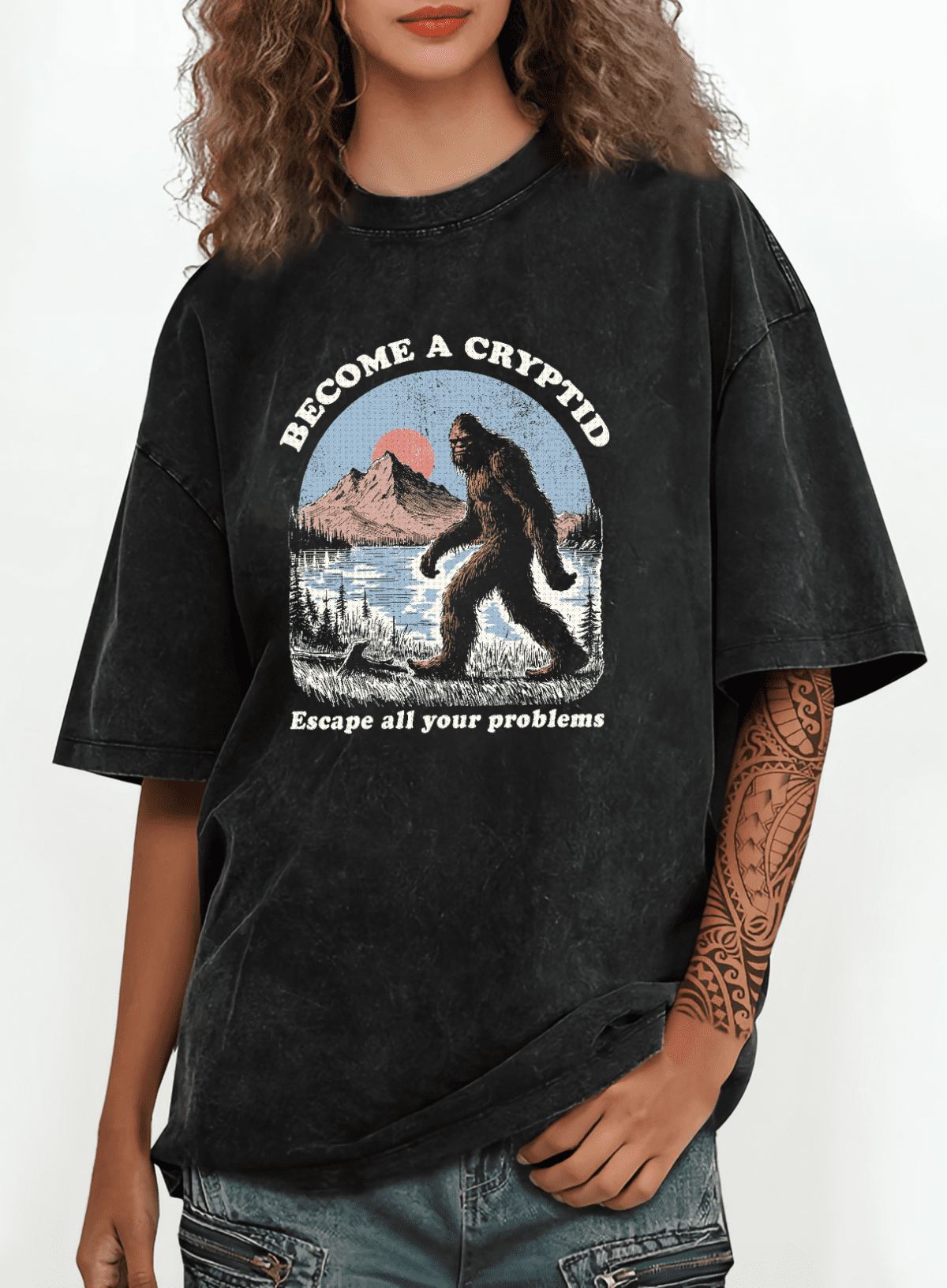 Black Washed Print Tshirt Graphic Tees Shirts Become A Cryptid Escape ...