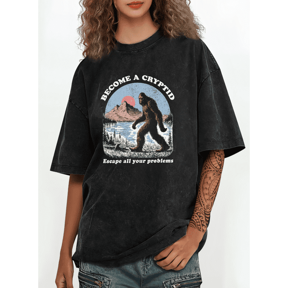 Black Washed Print Tshirt Graphic Tees Shirts Become A Cryptid Escape ...
