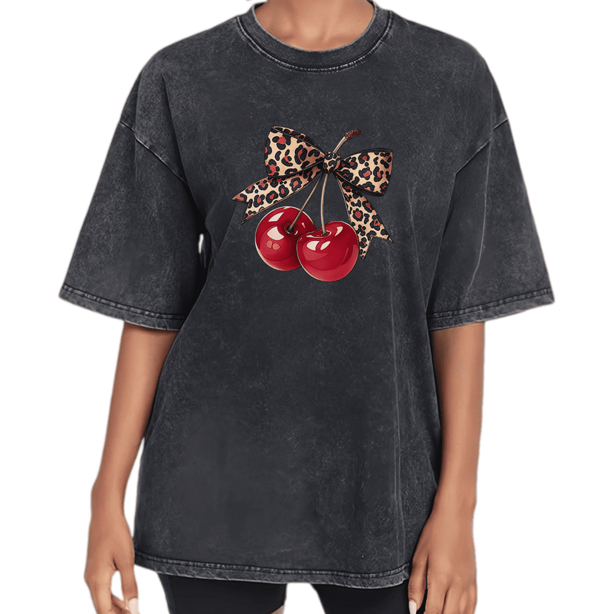 Black Washed Print Tshirt Graphic Tees Shirts Cherry Leopard Bow ...