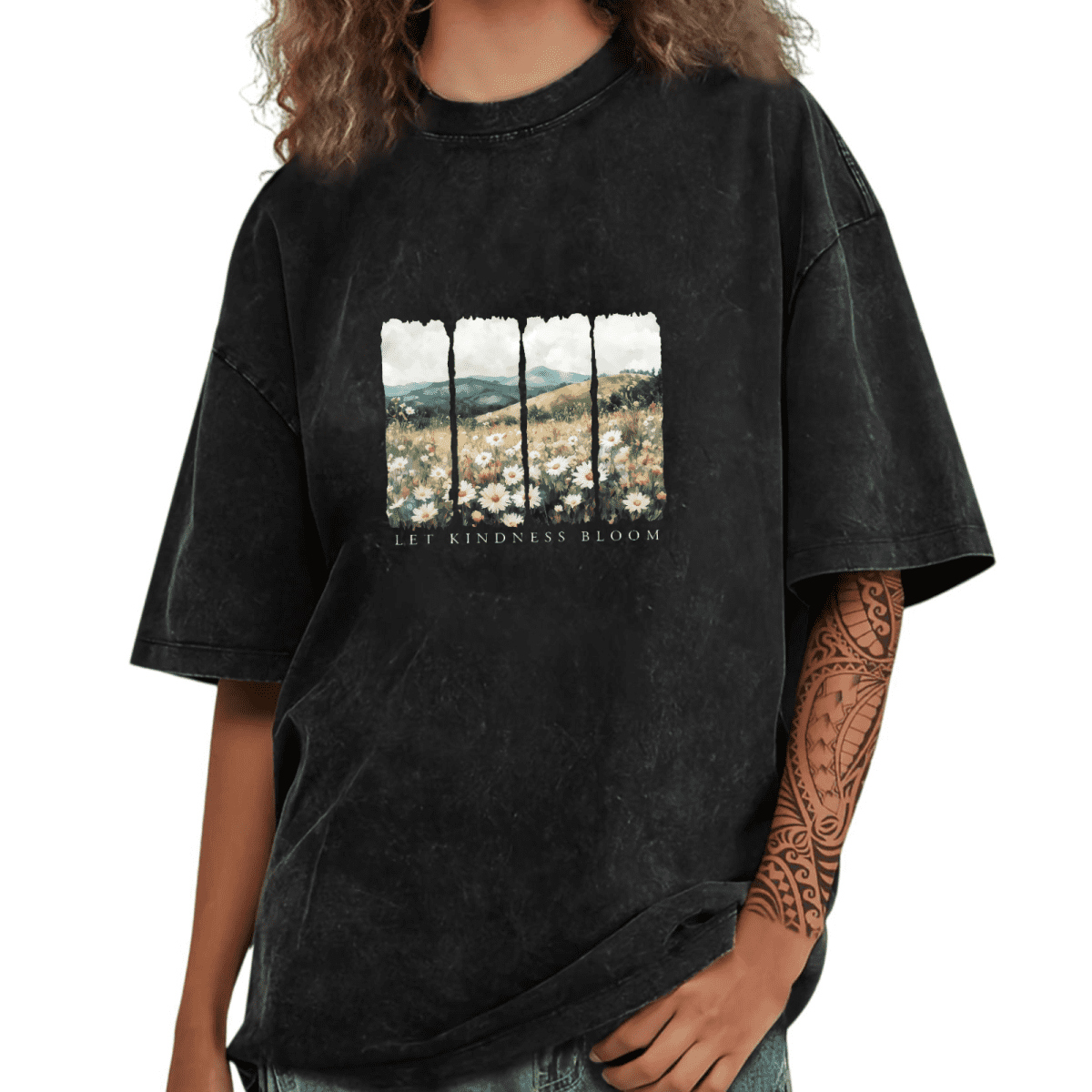 Black Washed Print Tshirt Graphic Tees Shirts Let Kindness Bloom ...
