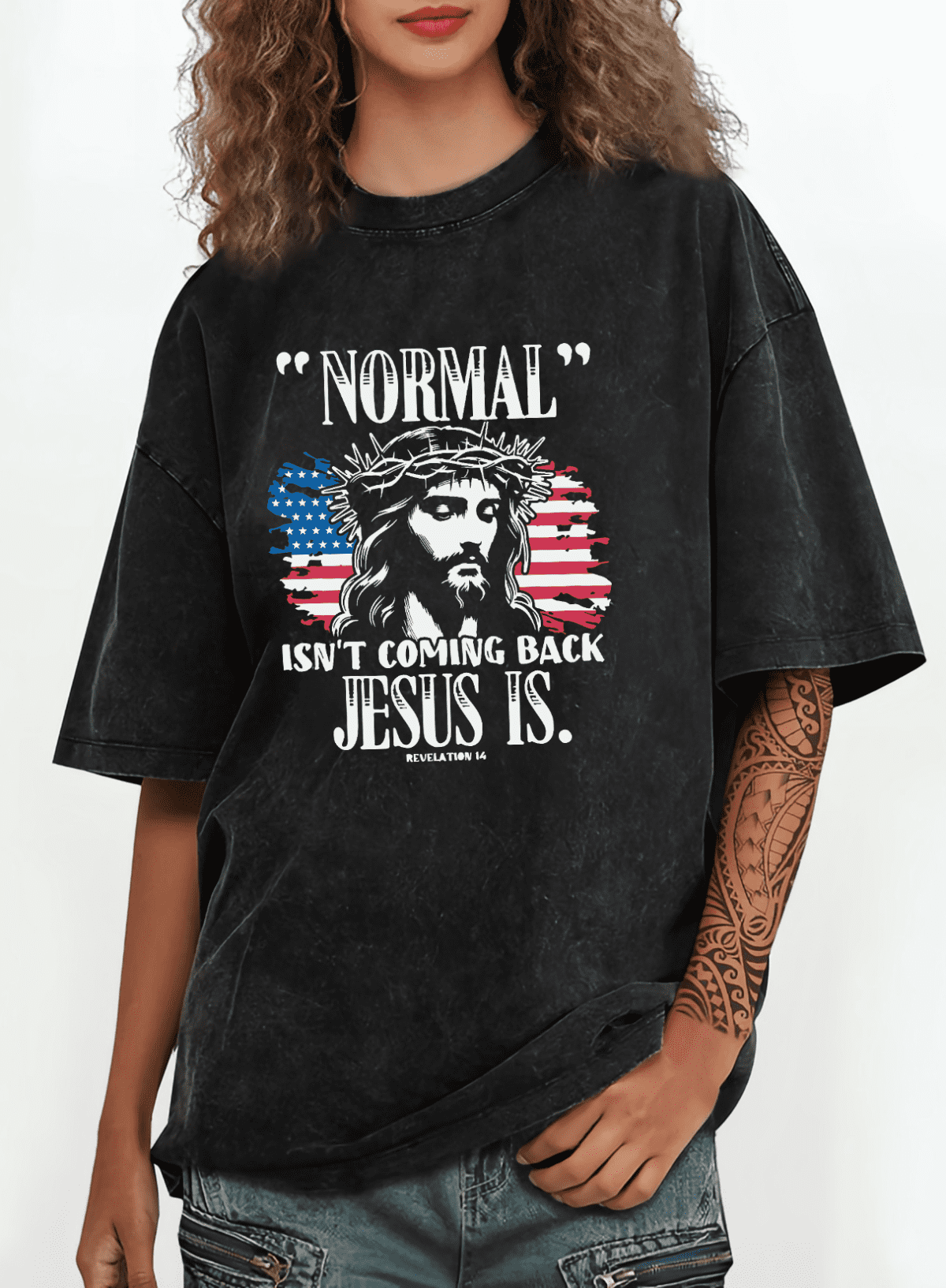 Black Washed Print Tshirt Graphic Tees Shirts Religious Revelation 14 ...