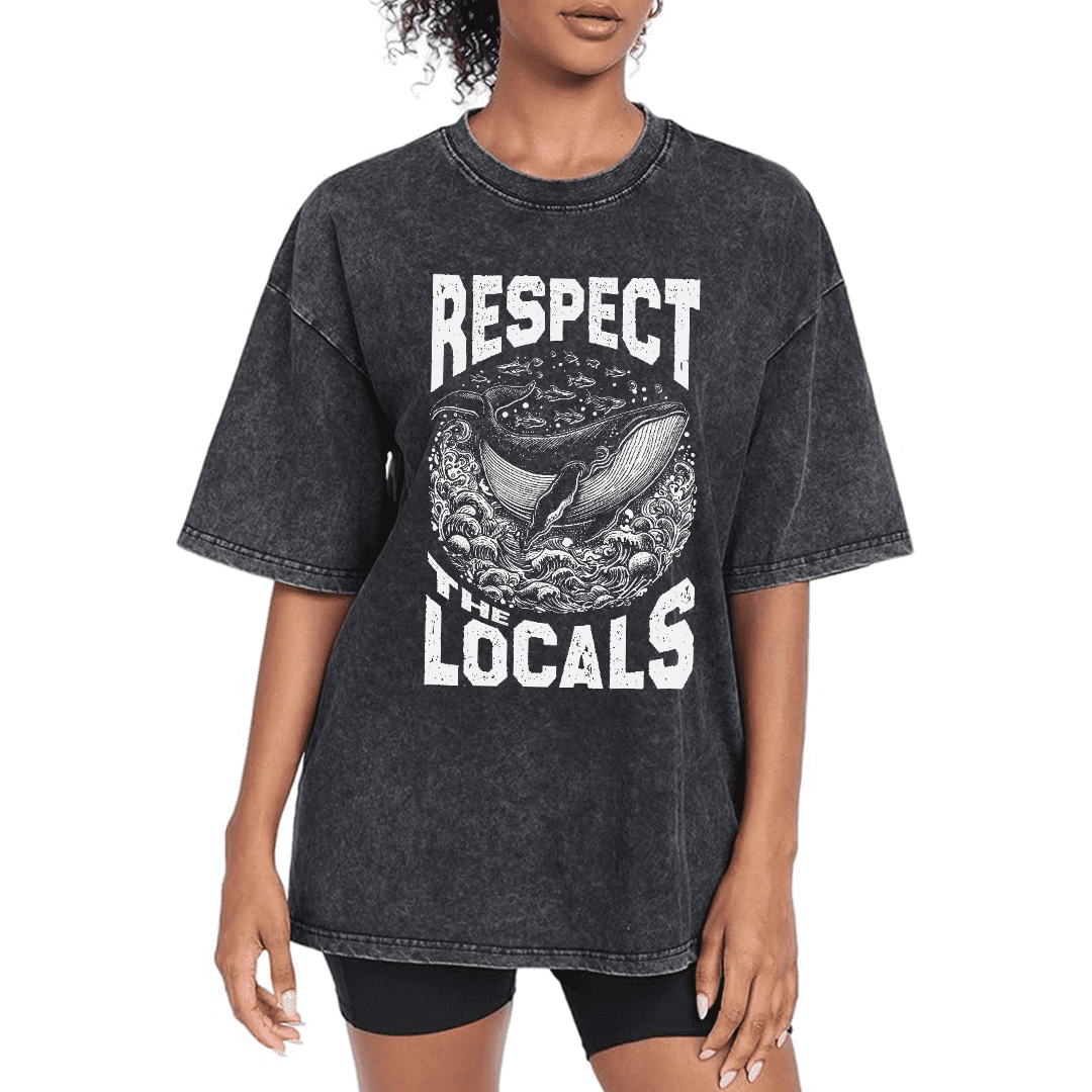 Black Washed Print Tshirt Graphic Tees Shirts Respect The Locals Whale ...