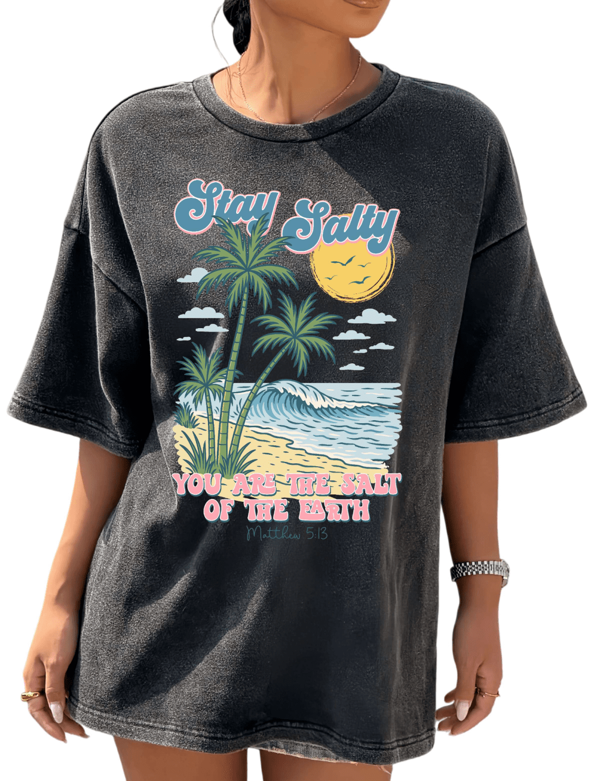 Black Washed Print Tshirt Graphic Tees Shirts Retro Stay Salty Beach ...