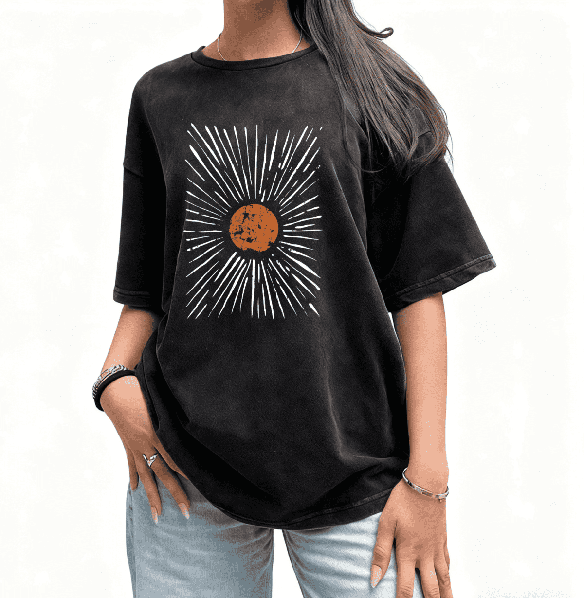 Black Washed Print Tshirt Graphic Tees Shirts Retro Sunburst S-2XL for ...