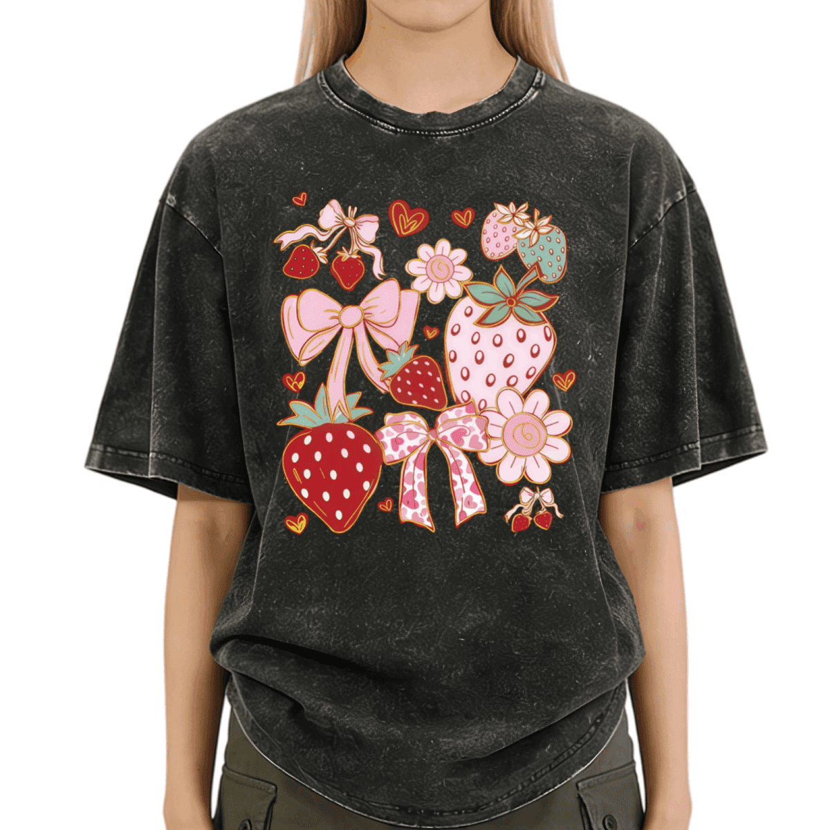 Black Washed Print Tshirt Graphic Tees Shirts S-2XL Strawberry Floral ...