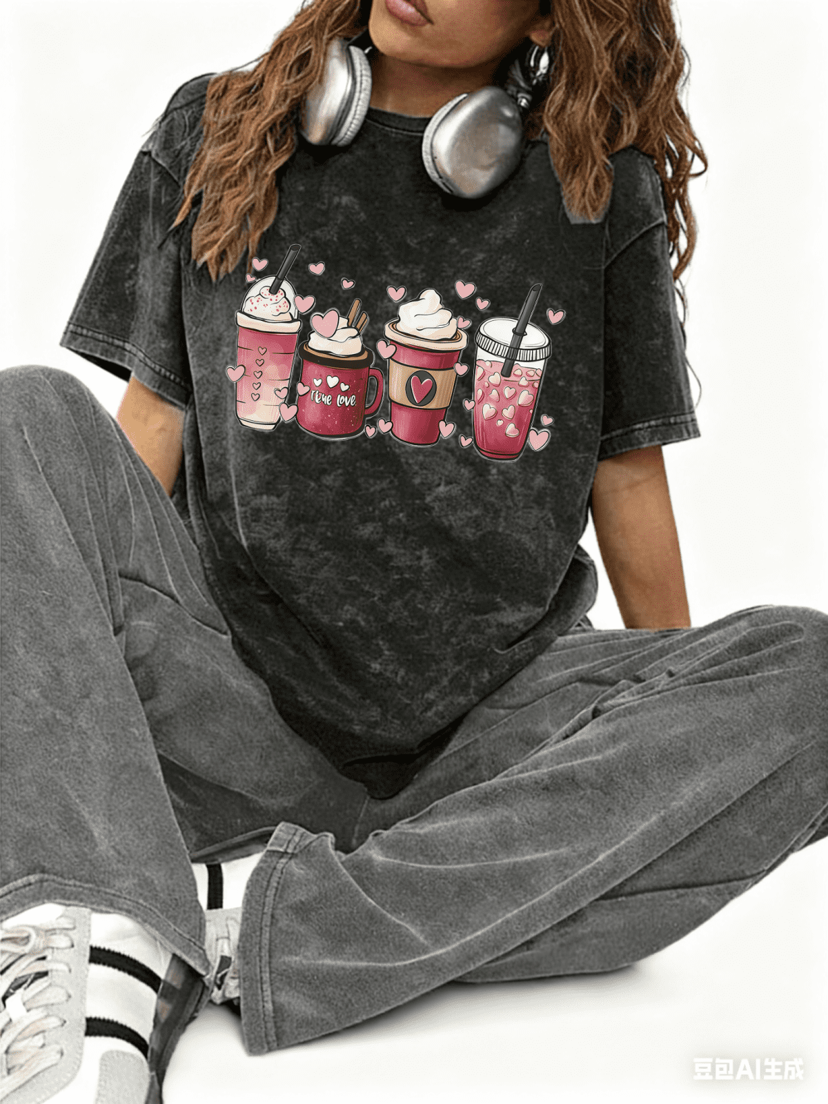 Black Washed Print Tshirt Graphic Tees Shirts S-2XL Stylish Valentine ...