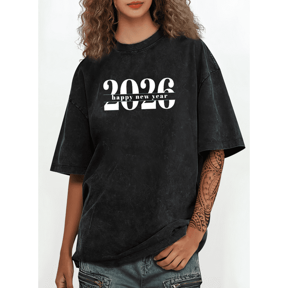 Black Washed Print Tshirt Graphic Tees Shirts S-2XL Women's Festive ...