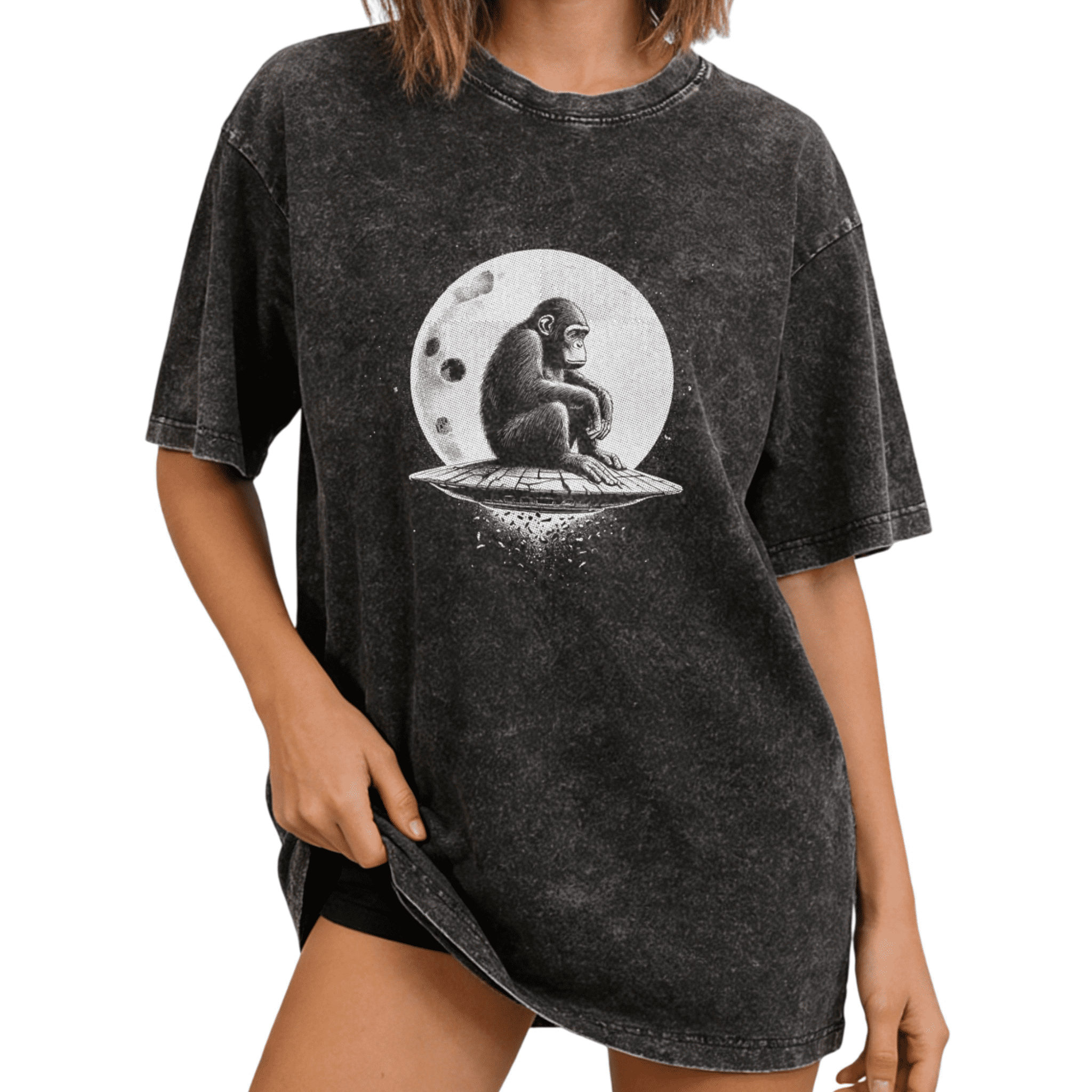 Black Washed Print Tshirt Graphic Tees Shirts Vintage Monkey UFO S 2XL ...