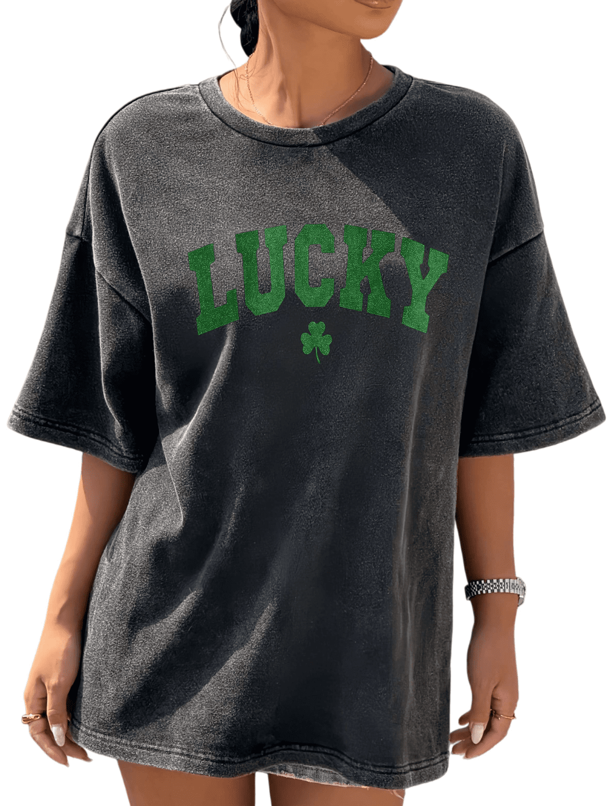 Black Washed Print Tshirt Green Lucky Letter Small Four Leaf Clover ...
